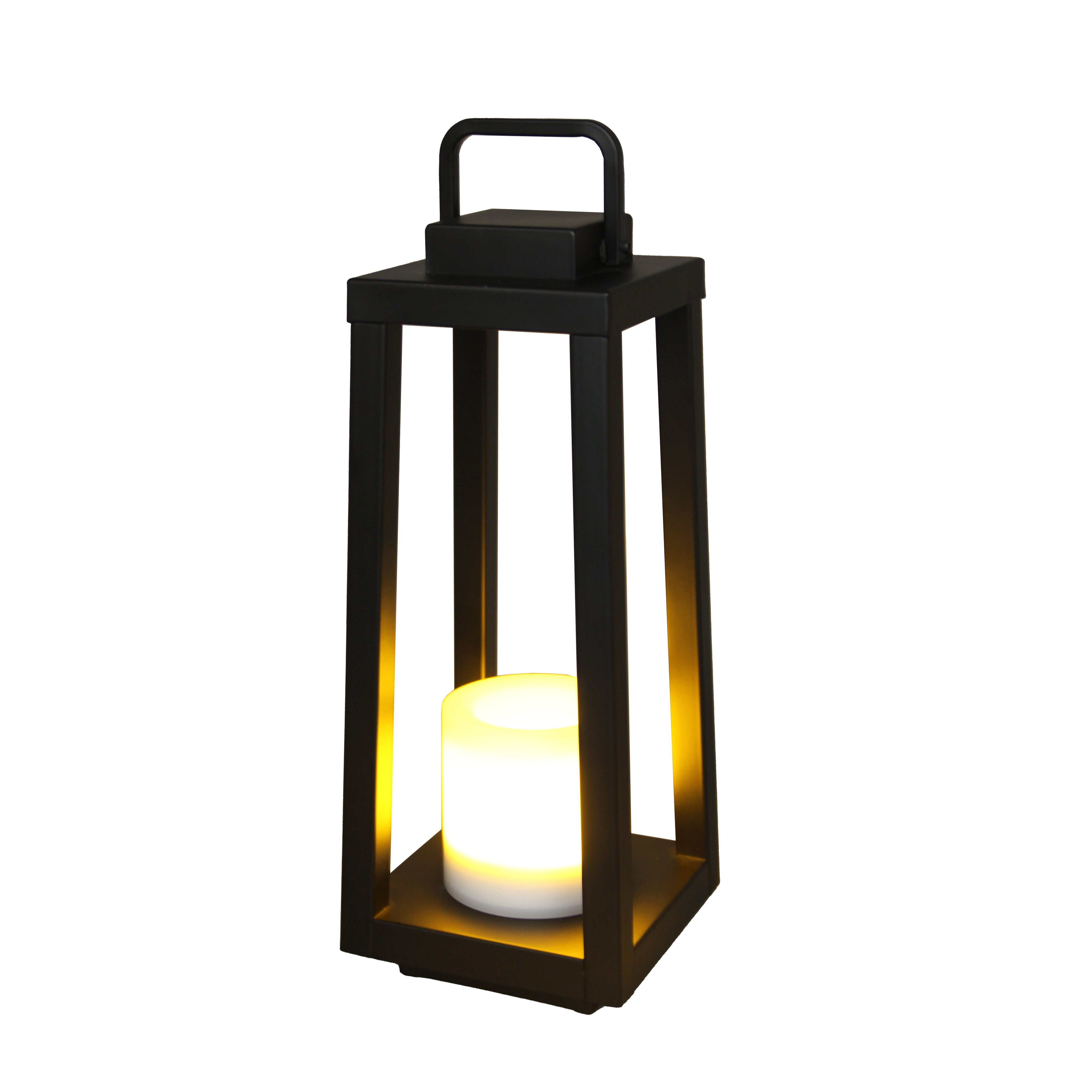 1 Light H16" Modern Matte Black Solar Lantern with Candle Shape Outdoo